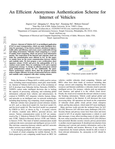Pdf An Efficient Anonymous Authentication Scheme For Internet Of Vehicles