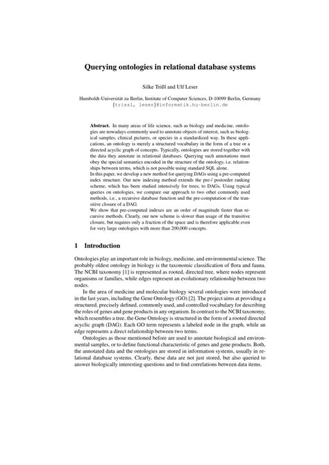 Pdf Querying Ontologies In Relational Database Systems
