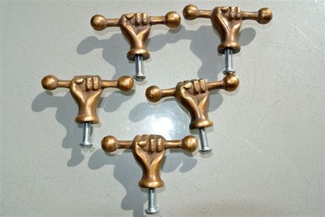 5 Small Aged Antique Old Style Fist Cabinet Door Solid Pure Brass Knob