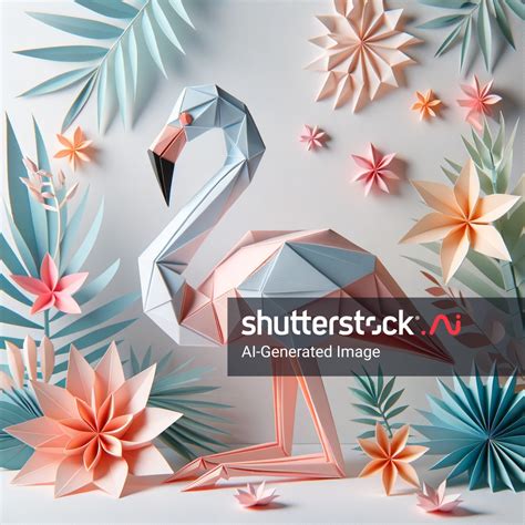 플라밍고와 열대 꽃의 종이 접기 3d Ai 생성 이미지 2446524479 Shutterstock