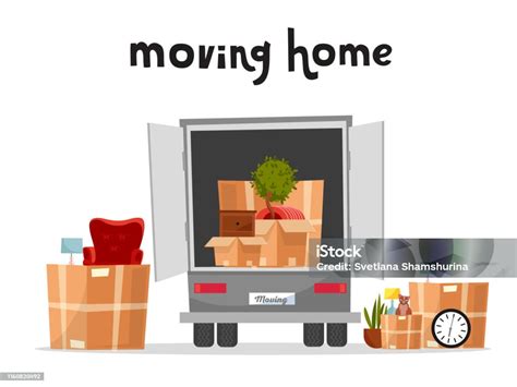 상자와 트럭을 이동 적재 트럭의 뒷면 차량 내부와 외부의 골판지 상자 실내 가구와 고양이를 포장 로팅 이동 홈 Qoute 벡터 만화 스타일 일러스트 이삿짐 트럭에 대한 스톡