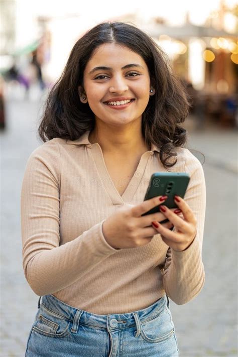 Indian Woman Use Smartphone Typing Text Messages Browsing Internet
