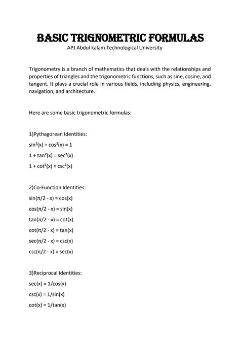SOLUTION Trignometric Formulas Studypool