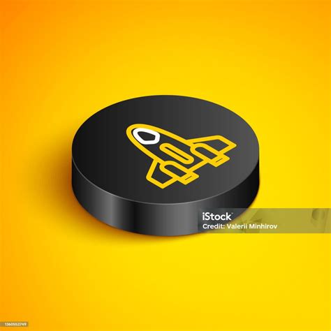 노란색 배경에 격리 된 등색 라인 로켓 선박 아이콘 우주 여행 검은 색 원 버튼 벡터 3차원 형태에 대한 스톡 벡터 아트 및