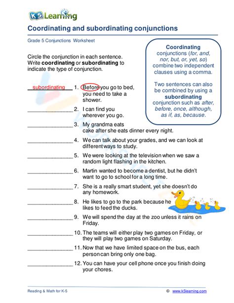 Coordinating And Subordinating Conjunctions Exercises With Answers