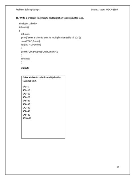 Write A Program To Generate Multiplication Table Using For Loop Pdf