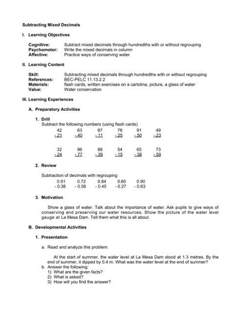 Subtracting Mixed Decimals Pdf E Turo