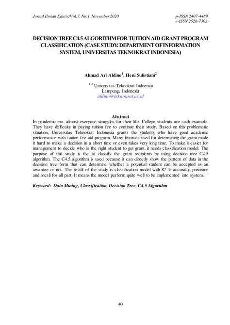 Pdf Decision Tree C45 Algorithm For Tuition Aid Grant Program