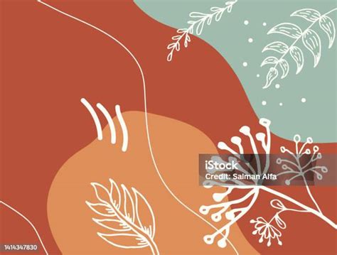 손으로 그린 최소한의 꽃 추상적 배경은 꽃 나뭇잎 기하학적 형태 액체 얼룩 및 패턴입니다 벽 장식을위한 세련된 포스터 디자인 개념에 대한 스톡 벡터 아트 및 기타 이미지