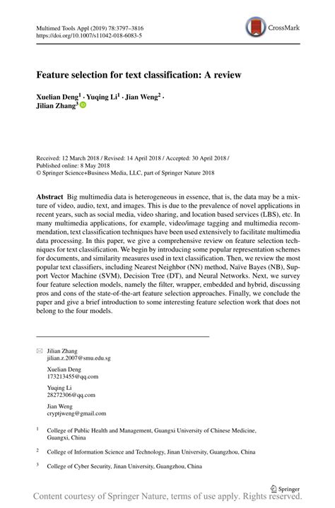 Feature Selection For Text Classification A Review Request Pdf