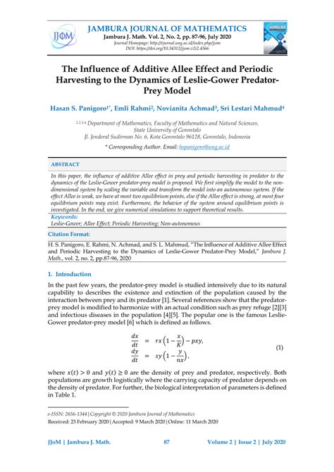Pdf The Influence Of Additive Allee Effect And Periodic Harvesting To The Dynamics Of Leslie