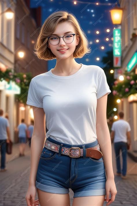 Premium Photo A Beautiful Young Girl Is Wearing Tshirt Jean Shorts