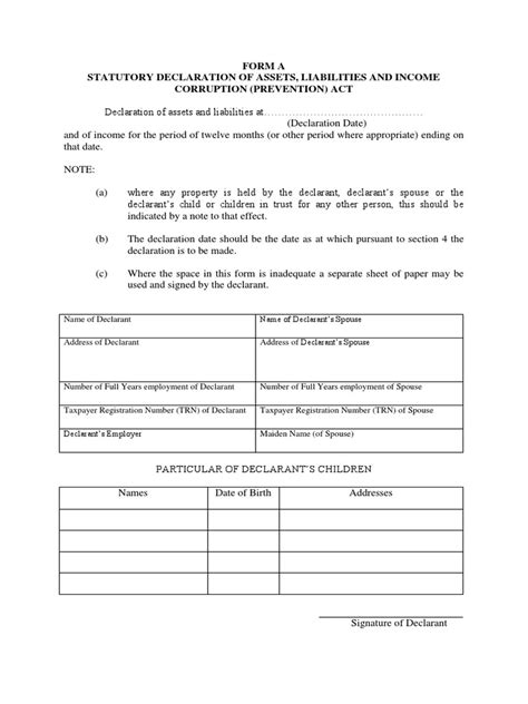 Form A Statutory Declaration Of Assets Liabilities And Income Insurance