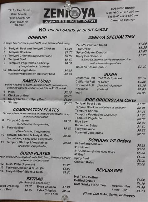 Menu At Zeni Ya Japanese Fast Food Fresno