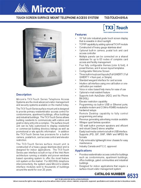 Mircom Tx3 Touch S15 A Data Sheet Embedded System Access Control