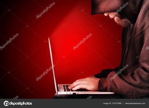 Hooded Computer Hacker Red Background Stock Photo Mreco