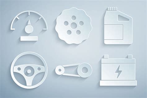 타이밍 벨트 키트 모터 오일 캐니스터 스티어링 휠 자동차 배터리 기어 및 속도계 아이콘을 설정합니다 벡터 3차원 형태에 대한
