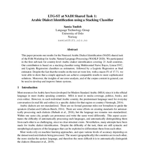 Ltg St At Nadi Shared Task 1 Arabic Dialect Identification Using A Stacking Classifier Acl