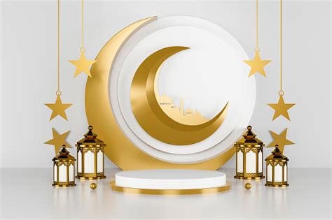 이슬람 성월 라마단 카림 축제 라마단 카림을 위한 연단과 최소한의 추상적 배경 3d 그림 Eid Ul Fitr에 대한 스톡 사진