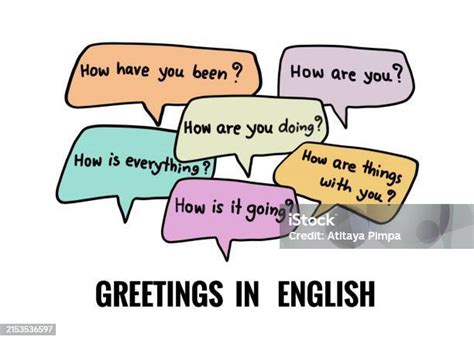 다채로운 말풍선의 손으로 그린 그림 영어로 인사말입니다 손으로 쓴 글꼴입니다 교육용 일러스트레이션 개념 일상 생활에서의 영어 커뮤니케이션 교육 교육 교재 0명에 대한 스톡