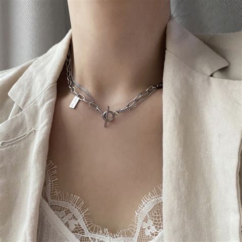 아세르로조 데일리 베스트 힙템 C Silver 써지컬 두줄 체인 볼드 토글바 목걸이