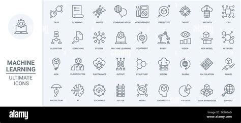 Machine Learning Data Analysis Thin Line Icons Set Vector Illustration