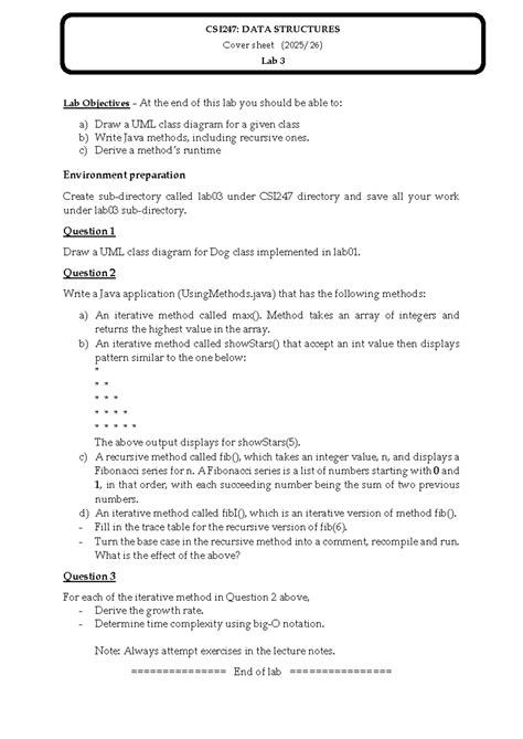 Csi247 Data Structures Lab 3 Uml And Java Methods Overview Studocu