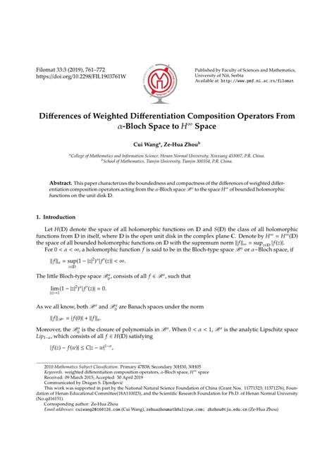 Pdf Differences Of Weighted Differentiation Composition Operators From α Bloch Space To H∞ Space