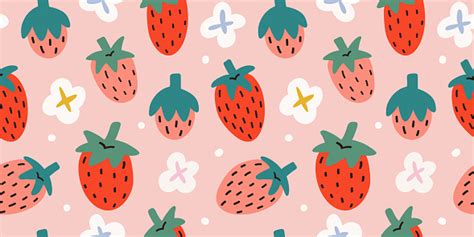 딸기 패턴 귀여운 손으로 그린 여름 열매 계절 디저트 분홍색과 빨간 과일 직물 인쇄 컬러 만화 일러스트로 좋은 다채로운 원활한 벡터 패턴 음식에 대한 스톡 벡터 아트 및