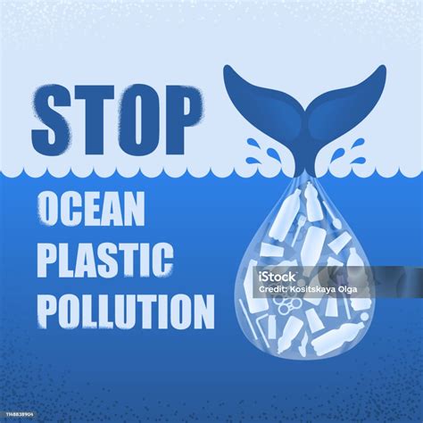 해양 플라스틱 오염을 중지 합니다 텍스트와 생태 포스터입니다 고래의 꼬리와 파란색 배경에 플라스틱 병 및 쓰레기가 있는 가방