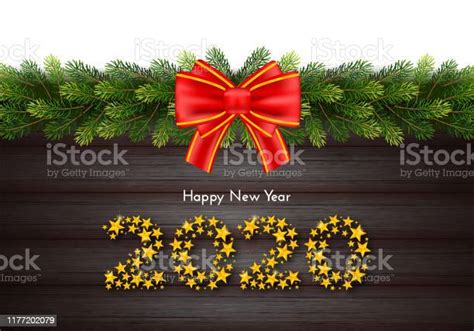 황금 별 전나무 화환과 어두운 나무 배경에 활의 번호와 휴일 새해 2020 선물 카드 배너 포스터 초대용 템플릿입니다 벡터 일러스트레이션 2020년에 대한 스톡 벡터 아트