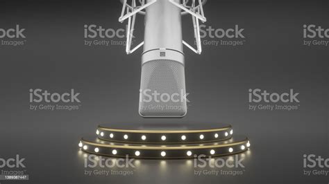 마이크 연단 무대 장면 조명추상 어두운 연단에 마이크와 함께 무대 3d 렌더링 3차원 형태에 대한 스톡 사진 및 기타 이미지
