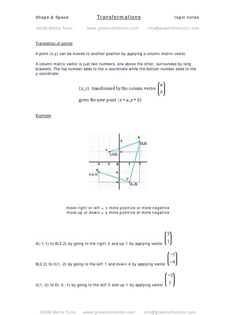Transformations Shape And Space Revision Notes From Gcse Maths Tutor Pdf Shape Euclidean Vector