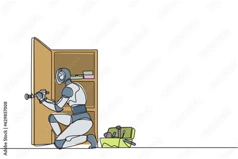 Continuous One Line Drawing Robot Carpenter Is Assembling Of Wardrobe