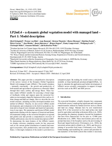 Pdf Lpjml4 A Dynamic Global Vegetation Model With Managed Land