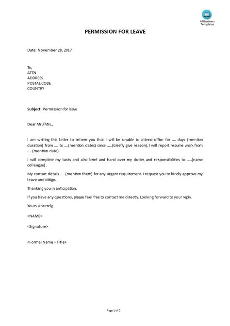 Permission Letter For Leave Of Absence Database Letter Template Hot Sex Picture