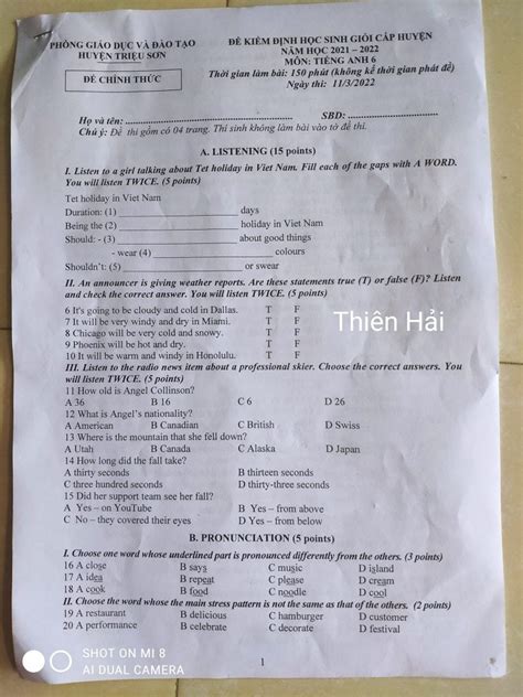 Bộ đề Thi Học Sinh Giỏi Tiếng Anh Lớp 6 Có đáp án File Nghe Và Pdf