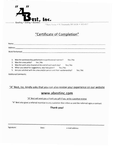 Printable Roofing Certificate Of Completion