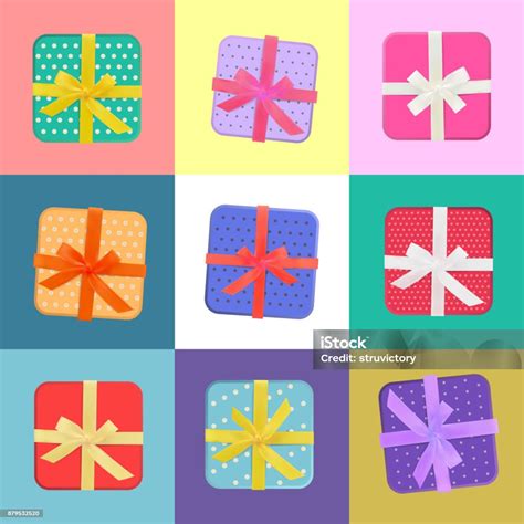 둥근된 모서리와 폴카 도트 패턴 화려한 배경에 리본 현실적인 선물 상자의 벡터 컬렉션입니다 3차원 형태에 대한 스톡 벡터 아트 및 기타 이미지 Istock