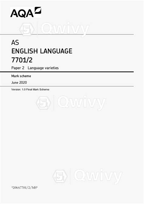 AQA AS ENGLISH LANGUAGE 7701 2 Paper 2 Language Varieties Mark Scheme June 2020 Version 1 0