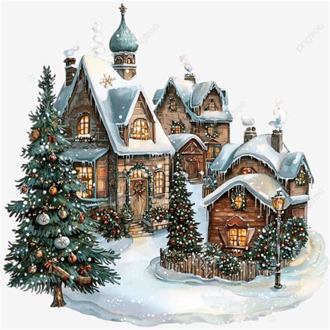 크리스마스 장식이 있는 목가적인 겨울 마을 수채화 겨울 마을 Png 일러스트 및 이미지 에 대한 무료 다운로드 Pngtree