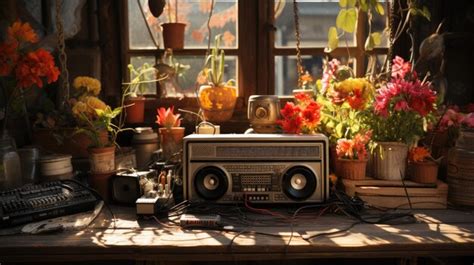 Premium Photo Retro Boom Box With Floral Background