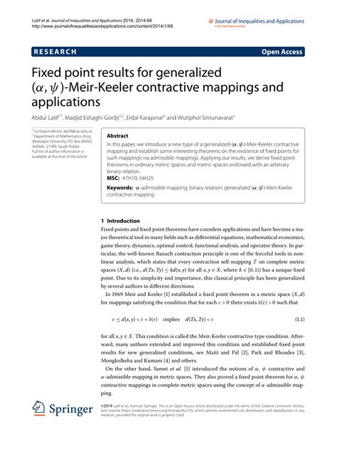 Pdf Fixed Point Results For Generalized α ψ Meir Keeler Contractive Mappings And Applications