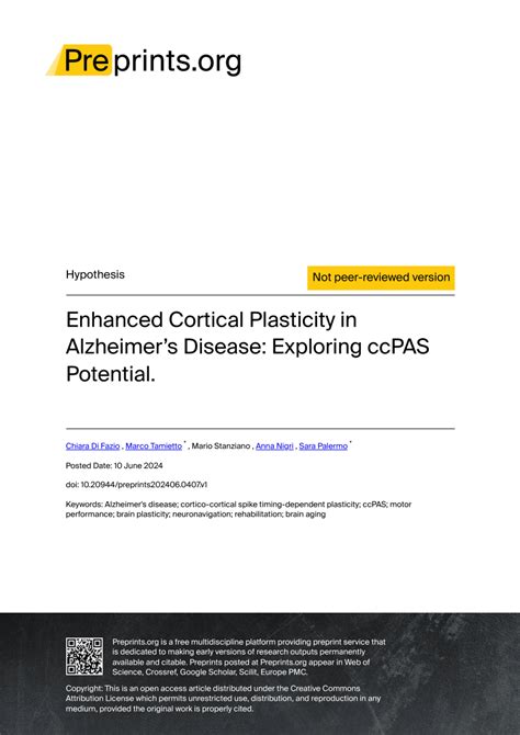 Pdf Enhanced Cortical Plasticity In Alzheimers Disease Exploring Ccpas Potential