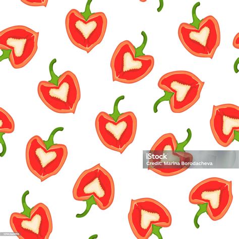 추상적 인 붉은 피망 심장 채식 채소 에코 및 건강한 프로젝트를 위한 분리된 원활한 패턴 건강한 생활방식에 대한 스톡 벡터 아트