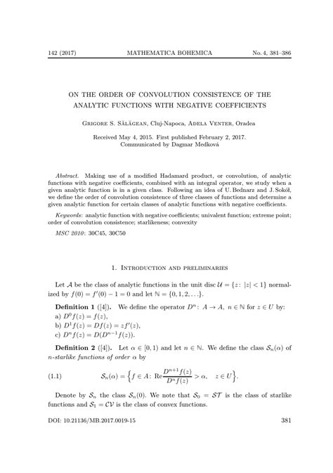 Pdf On The Order Of Convolution Consistence Of The Analytic Functions With Negative Coefficients