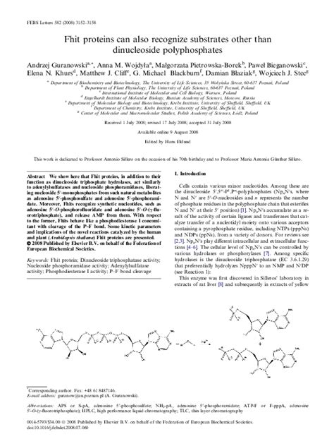 Pdf Fhit Proteins Can Also Recognize Substrates Other Than Dinucleoside Polyphosphates
