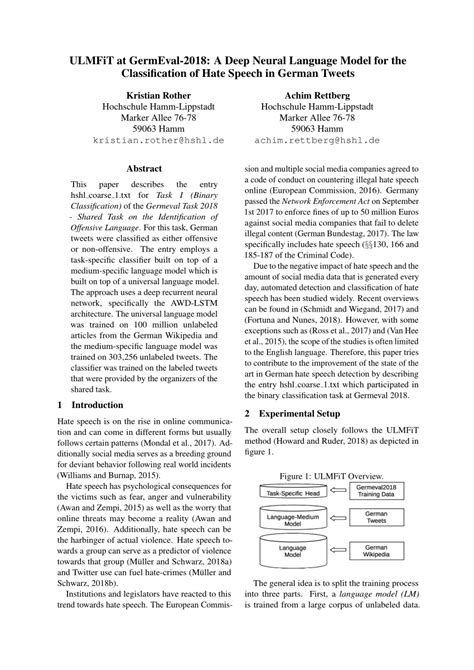 Pdf Ulmfit At Germeval 2018 A Deep Neural Language Model For The Classification Of Hate