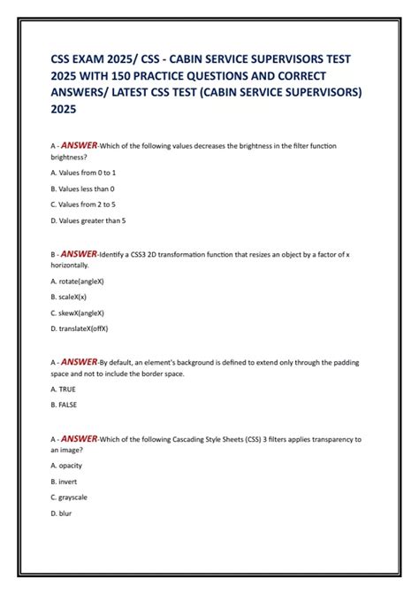 Css Exam 2025 Css Cabin Service Supervisors Test 2025 With 150
