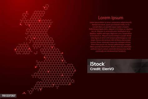 미래 지향적 인 육각형 모양 라인에서 영국 지도는 빨간색과 노드 빛나는 별 배너 포스터 인사말 카드에 대 한 벌집 또는 분자 구조의 형태를 가리킵니다 벡터 일러스트입니다 0